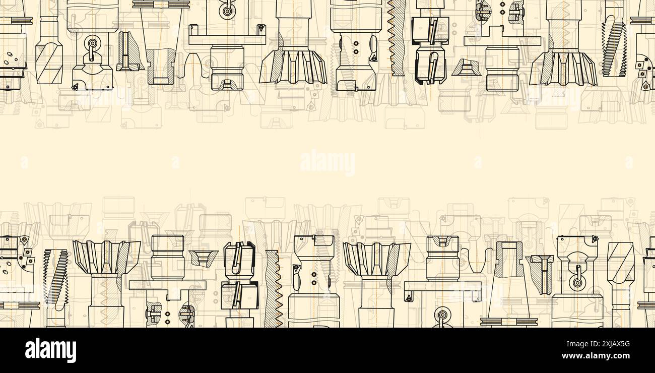 Mechanical engineering drawings on sepia background. Tap tools, borer ...