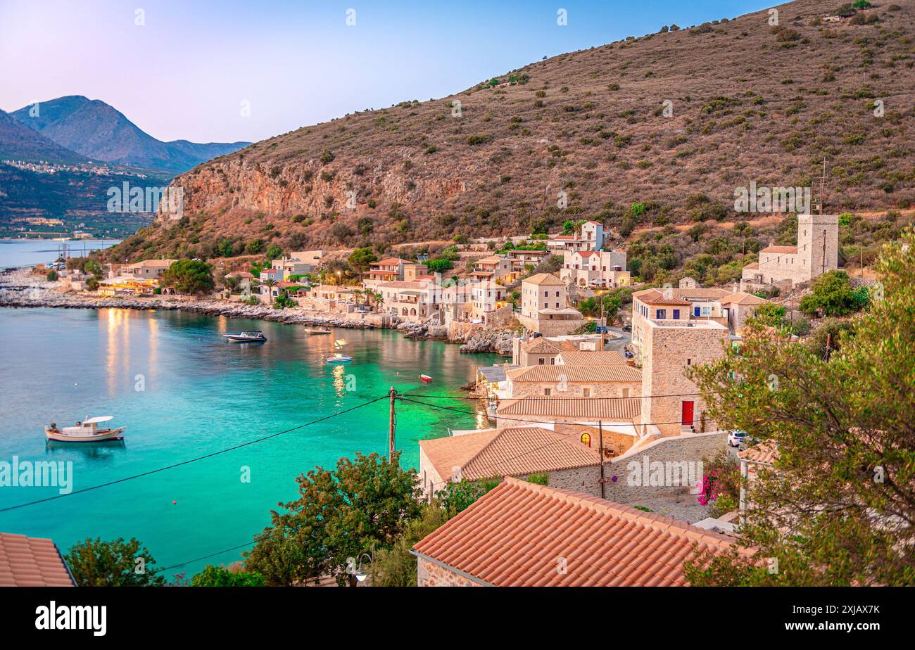 Panoramic view of Limeni in the dusk. Limeni is a small village on the ...