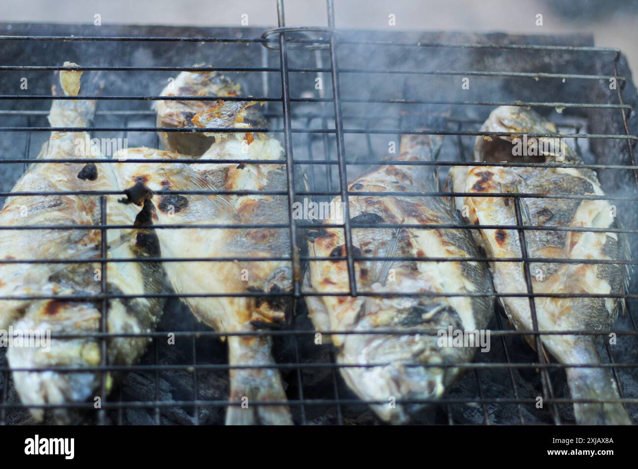 Cooking fish outdoor. Baking and roasting fish on barbecue grill. Fish ...