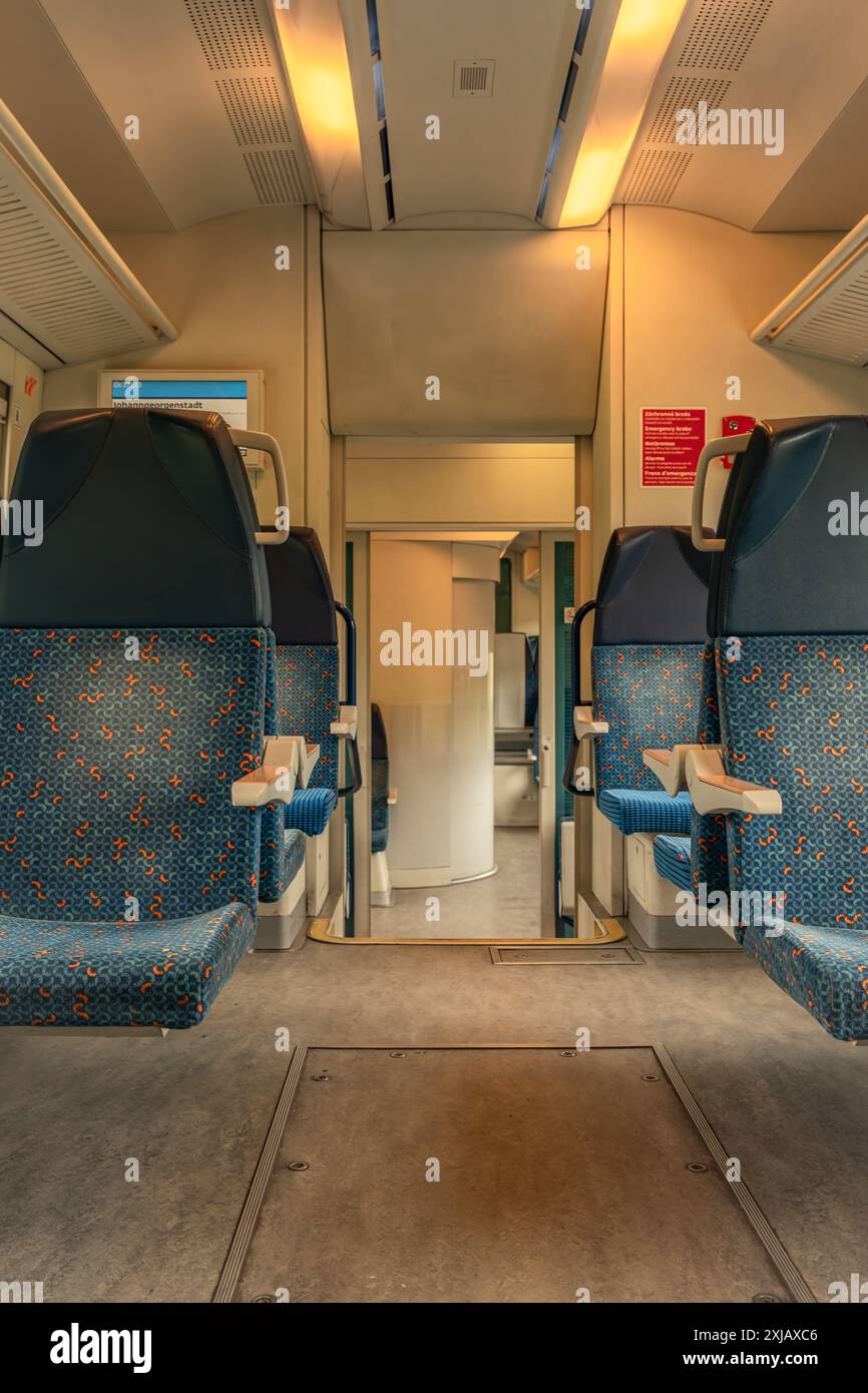 Interior of passenger diesel train in Krusne hory in Potucky station CZ ...