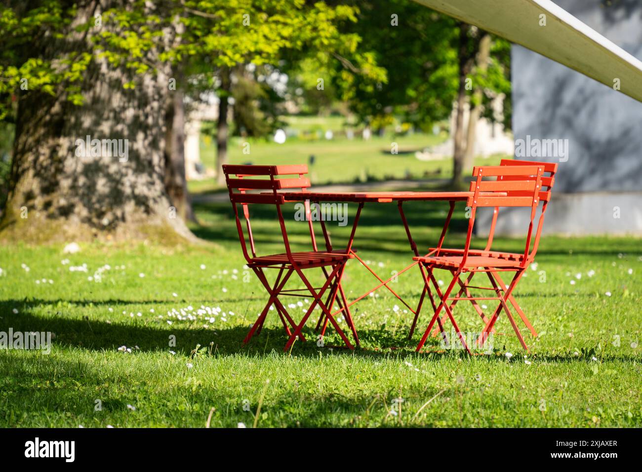 Red garden chairs and table in a sunny park in spring Stock Photo - Alamy