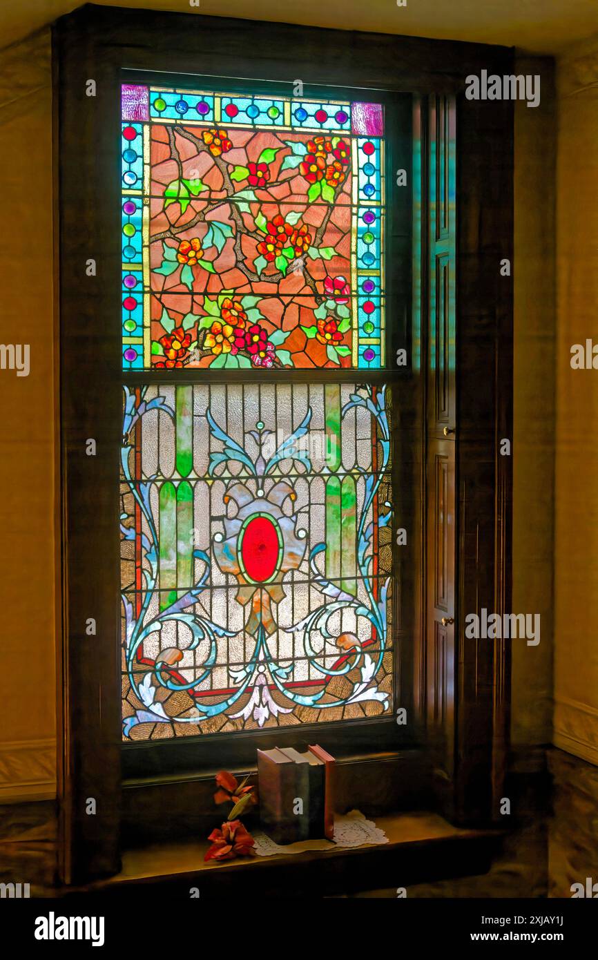stained glass window, double hung, 2 different design styles, books ...