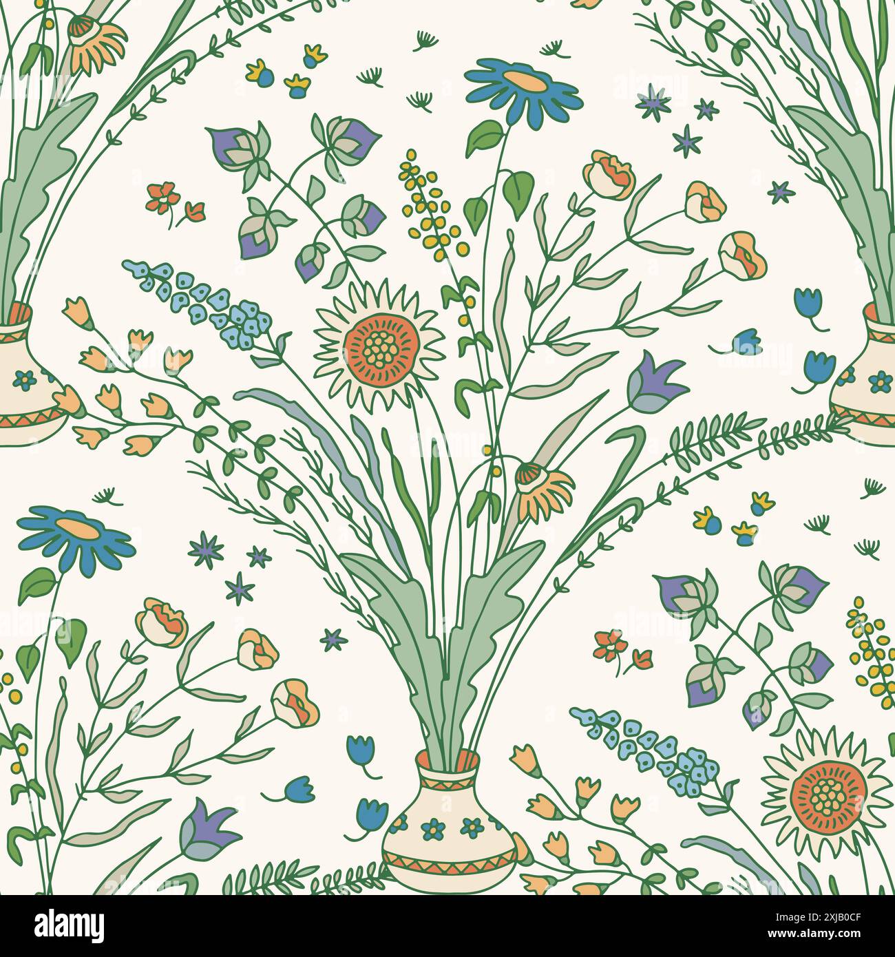 Hand drawn Bouquet of wild flowers ir summer colours. Ogee repeat ...