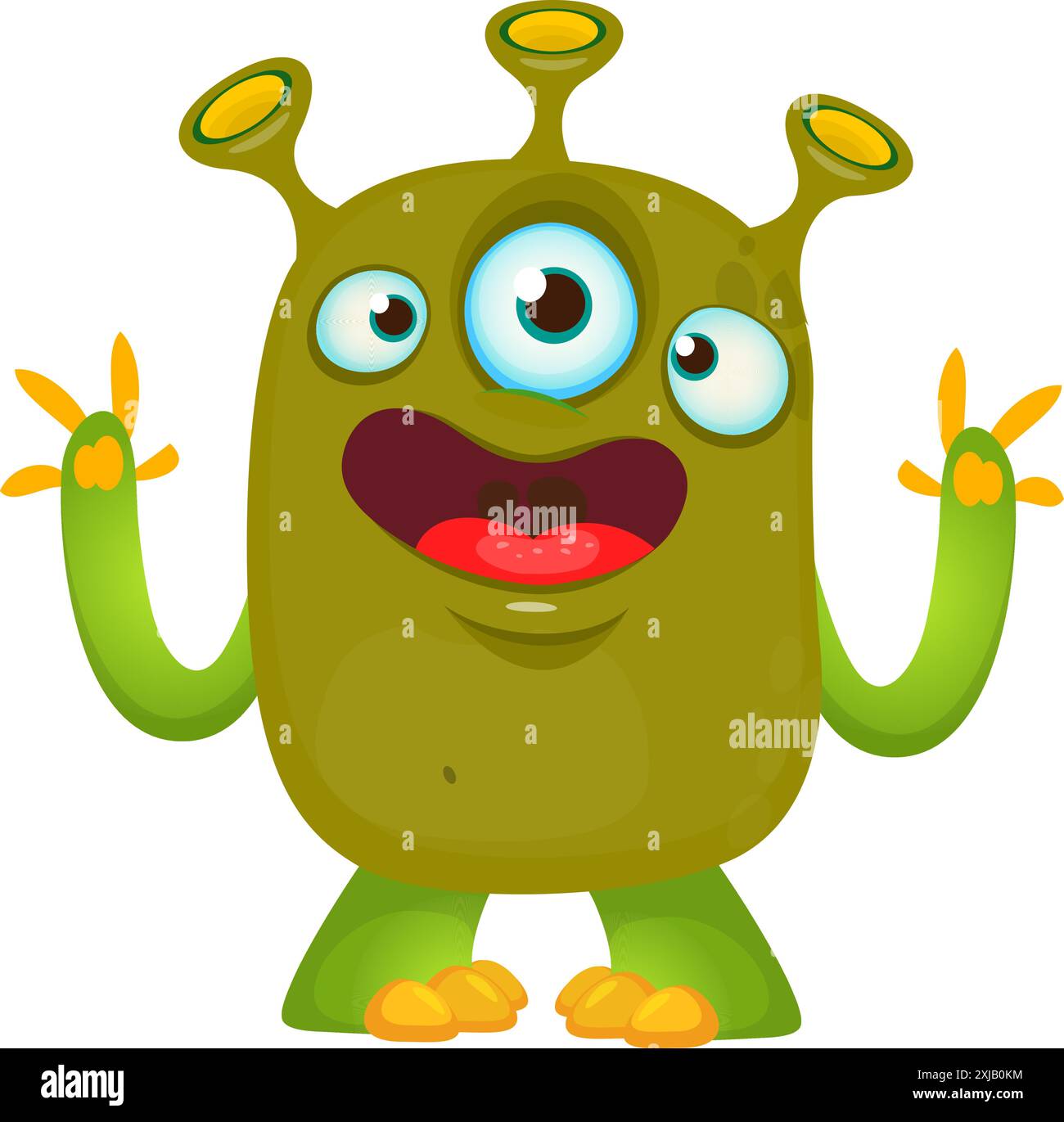 Happy cartoon alien creature waving hands. Halloween vector ...