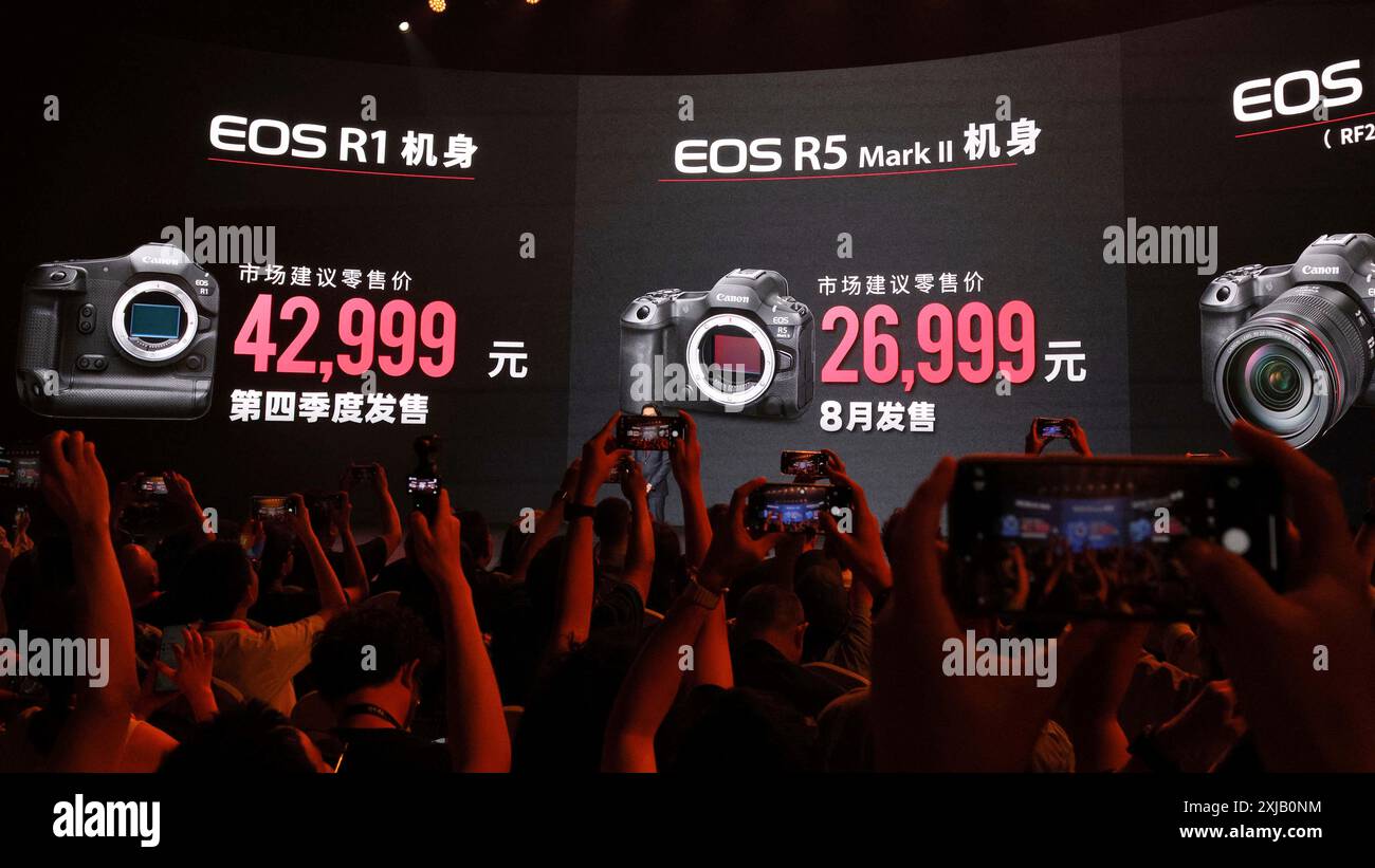 Japanese camera maker unveils a new flagship EOS R1 and R5 in Beijing on July 17, 2024. Canon ...