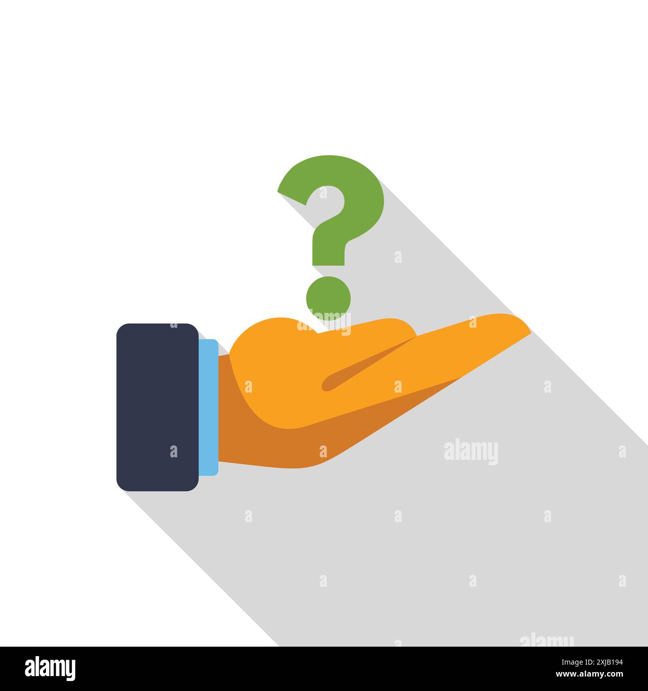 Businessman is holding a question mark in his open hand, symbolizing a ...