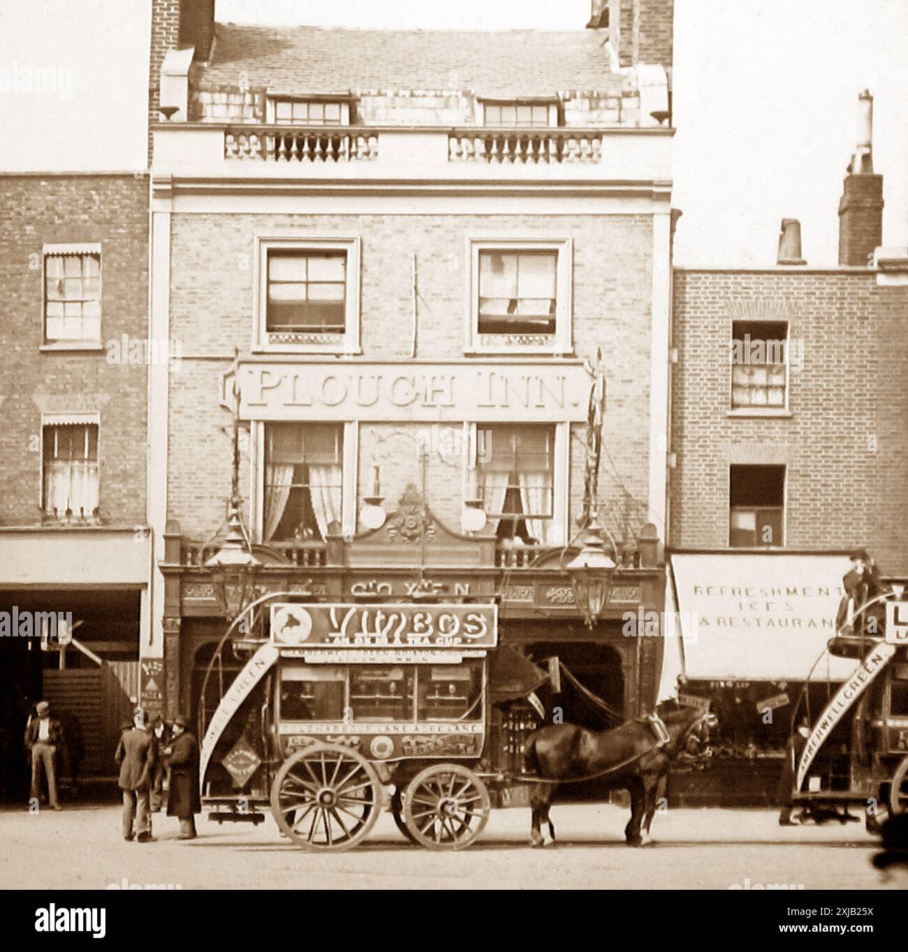The Plough Inn and horse bus, The Pavement, Clapham, London, Victorian ...