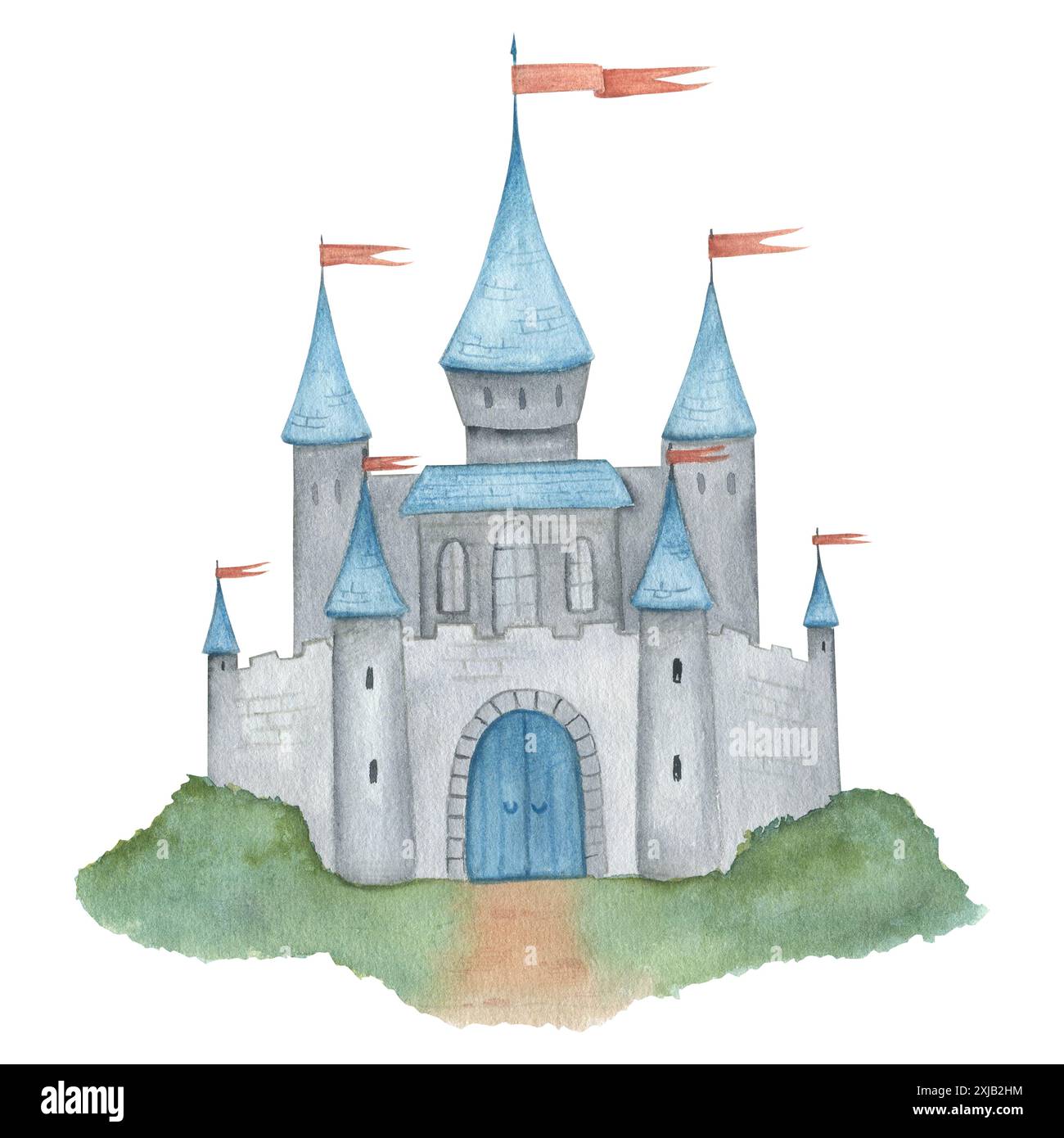 Watercolor illustration of a knight castle in blue and gray. Medieval ...