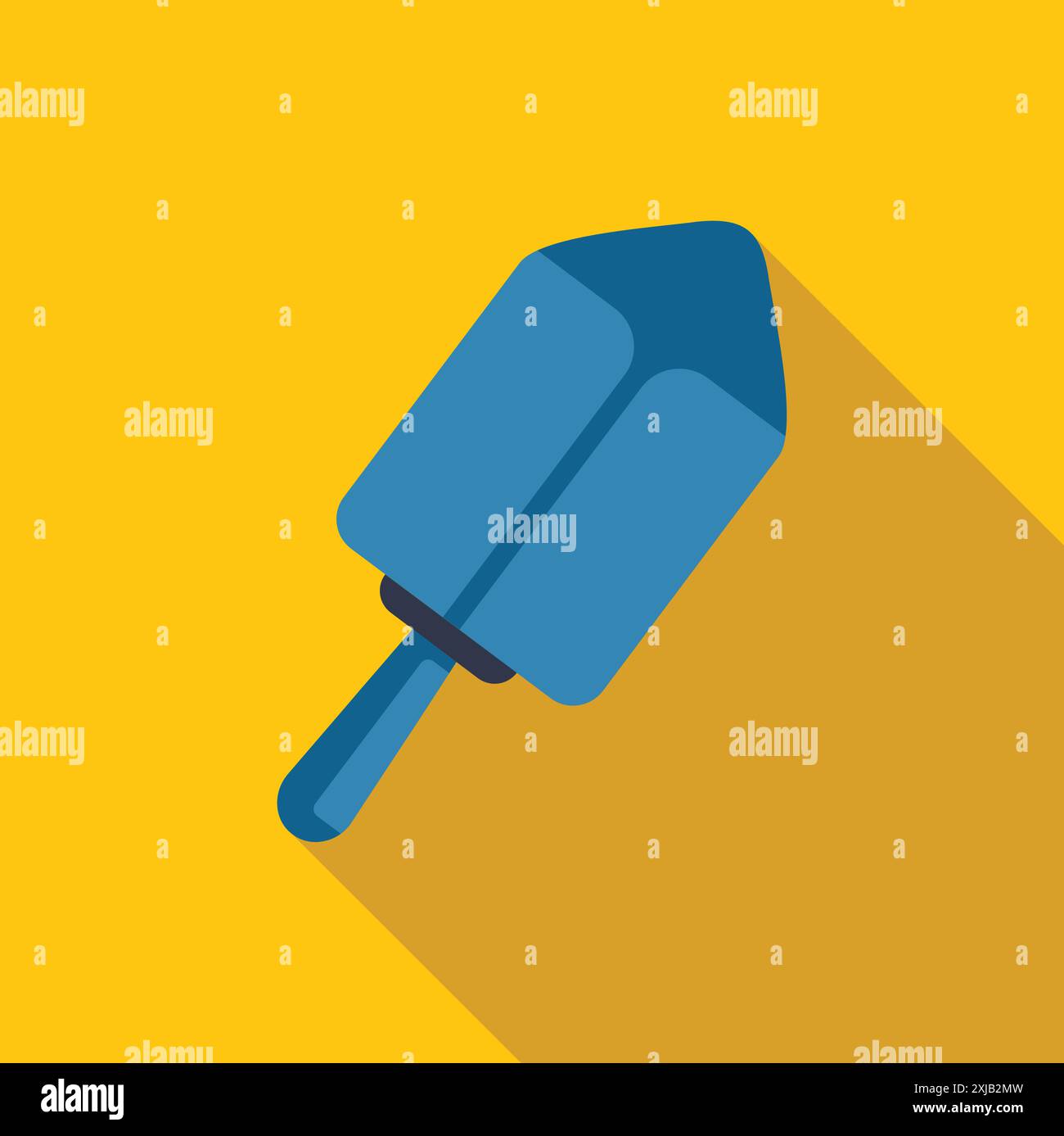 Blue hand trowel casting a long shadow on a yellow background ...