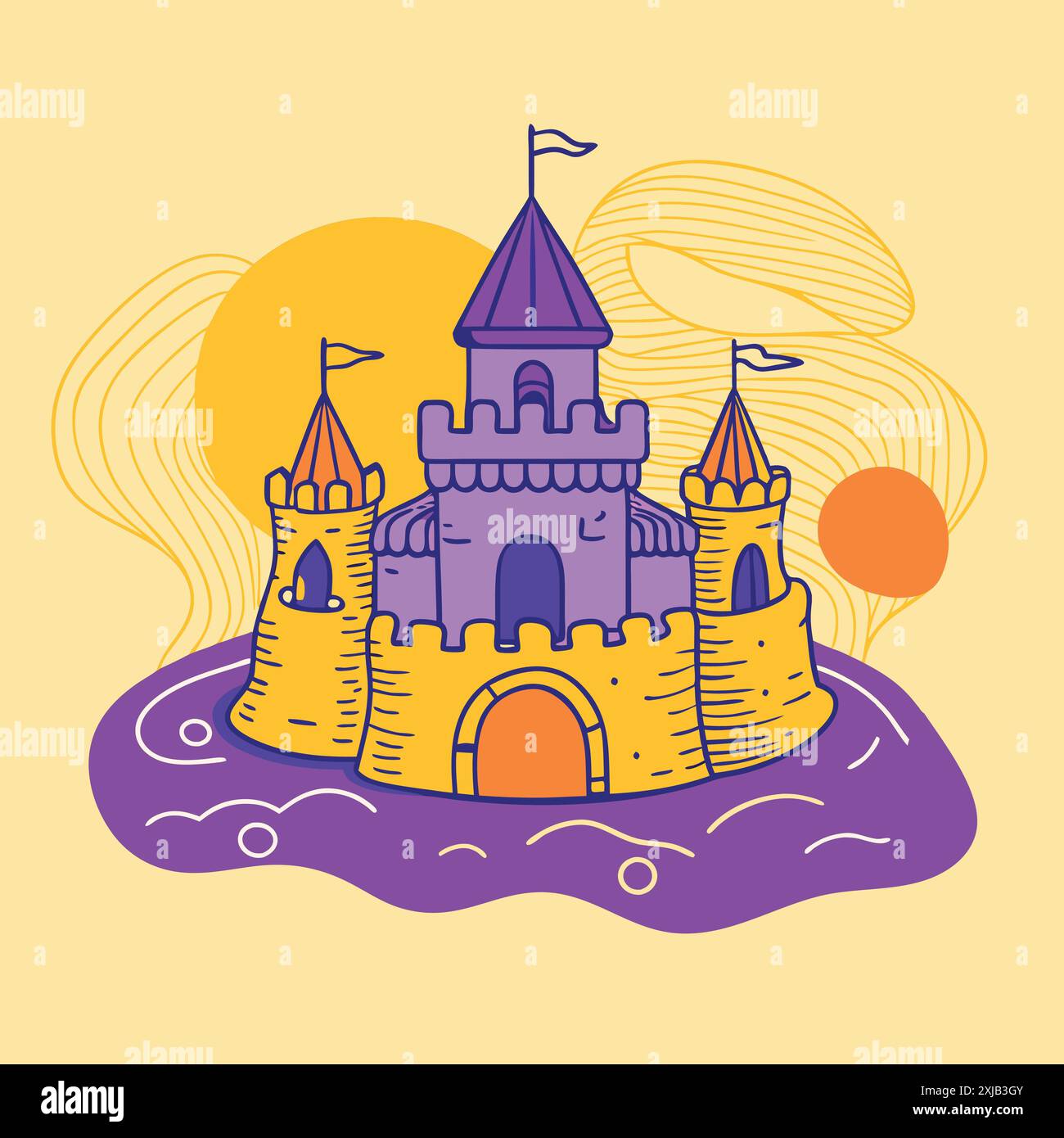 Bright and playful drawing of a sandcastle with purple roofs and orange ...