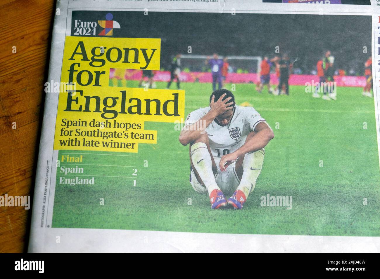 Jude Bellingham 'Agony for England' Guardian newspaper headline Sport front page Euro2024 Euro ...