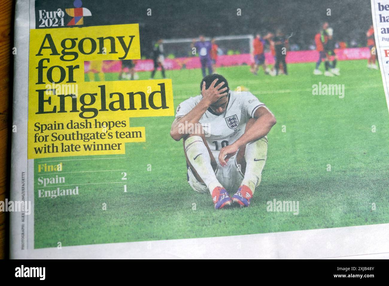 Jude Bellingham 'Agony for England' Guardian newspaper headline Sport front page Euro2024 Euro ...