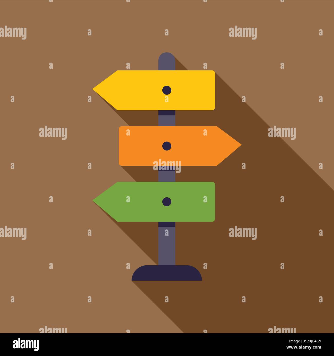 Colorful direction sign is giving options with three arrows pointing in different directions ...