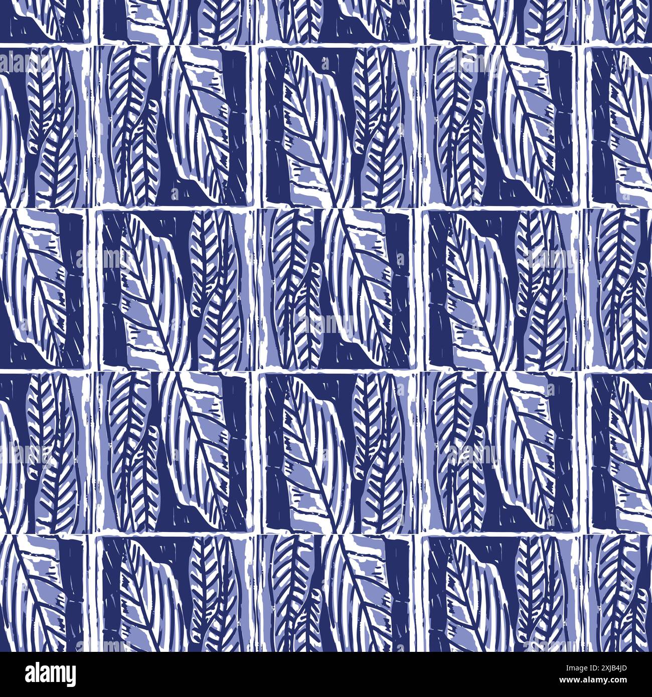 Indigo blue stitch leaf foliage effect abstract vector seamless pattern background. Modern ...