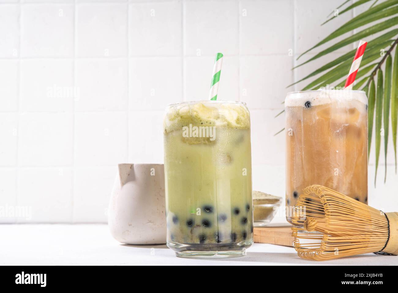 Classic and green matcha boba bubble tea with tapioca pearls and ...