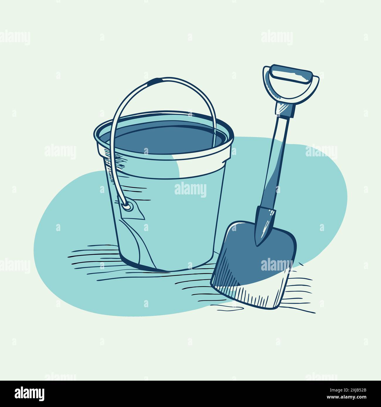 Delightful sketch of a beach pail and shovel set against a soft, pastel ...