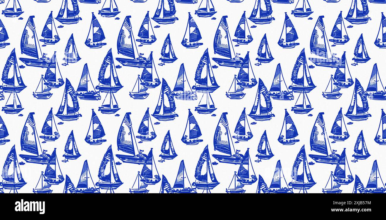 Coastal sail boat in azure ocean blue seamless border background ...
