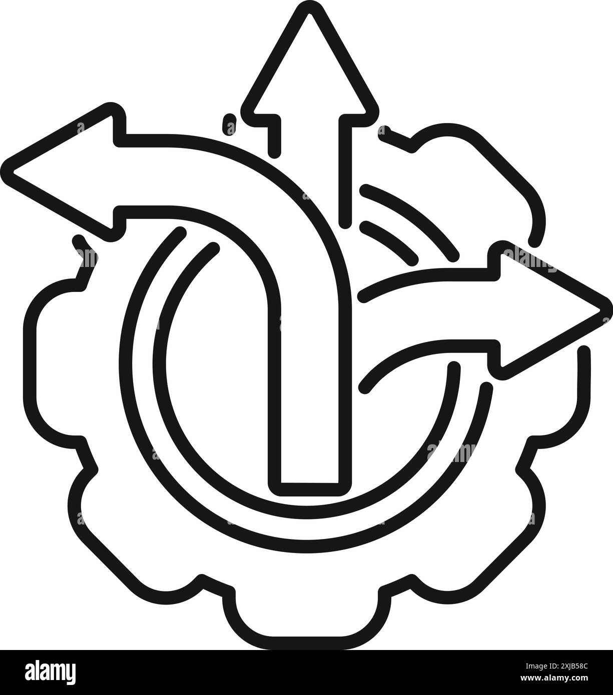 Line art illustration of a gear wheel with arrows representing business ...