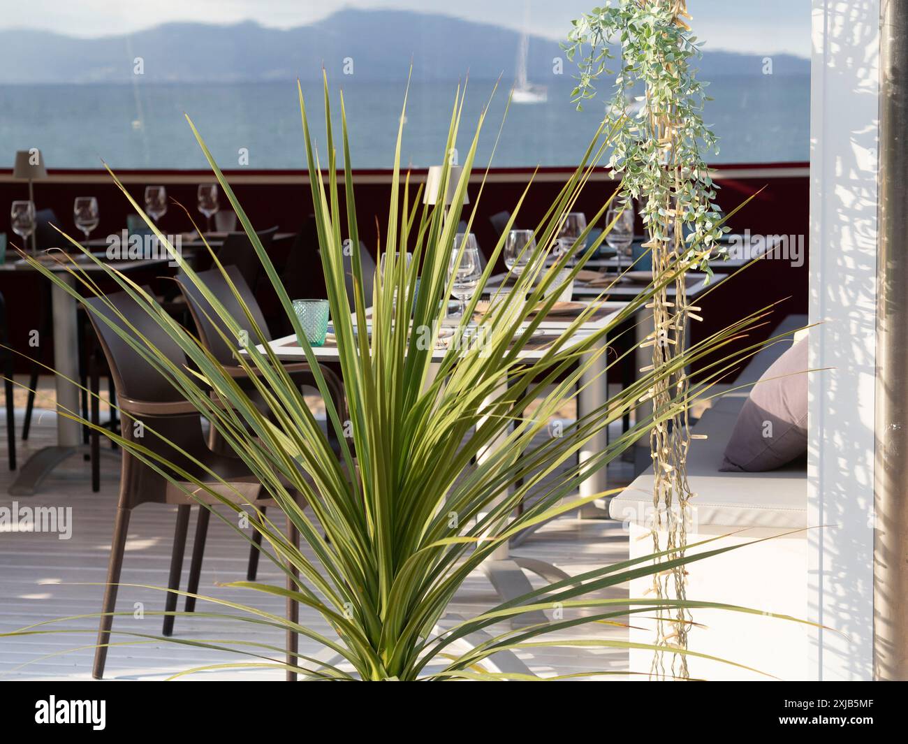 Outdoor terrace with views of the Mediterranean Sea Stock Photo - Alamy