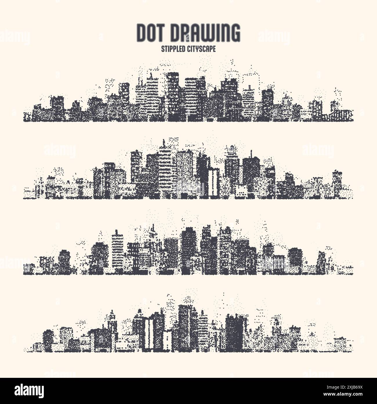 Stippled city silhouettes. Cityscape, town skyline. Midtown, downtown ...