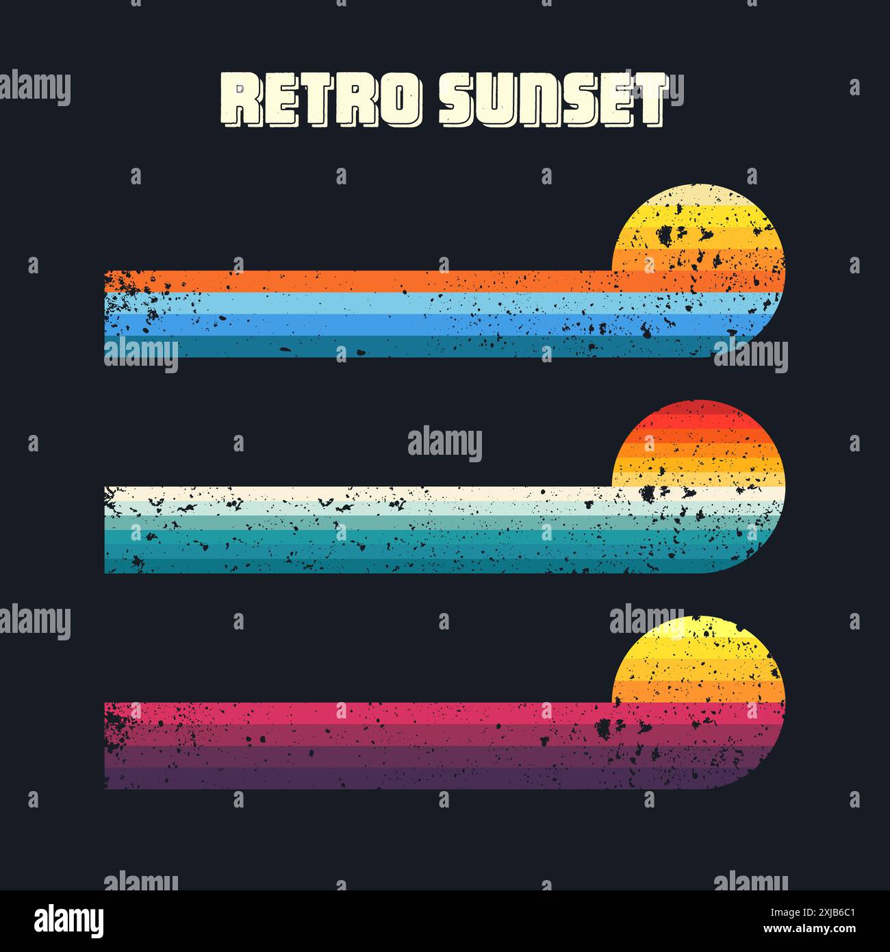 Grunge horizontal vintage sunsets. Various colorful striped sunrise ...