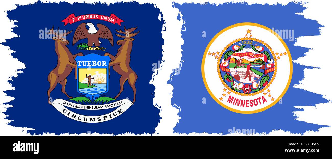 Minnesota and Michigan states grunge brush flags connection, vector old ...