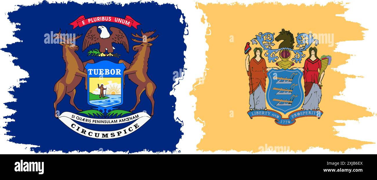 New Jersey and Michigan states grunge brush flags connection, vector ...