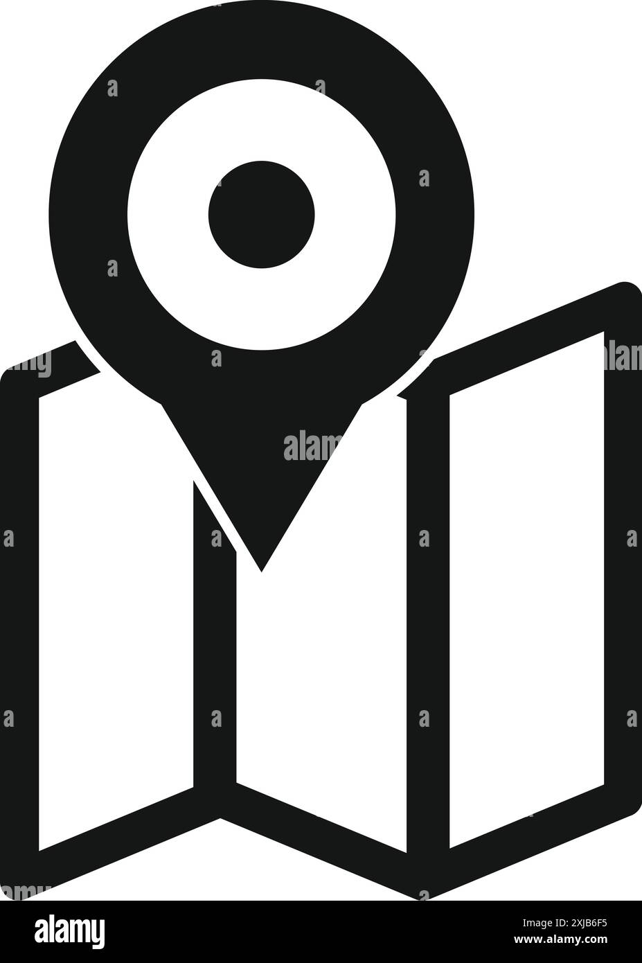Black location pin icon is marking a specific spot on a stylized folded ...