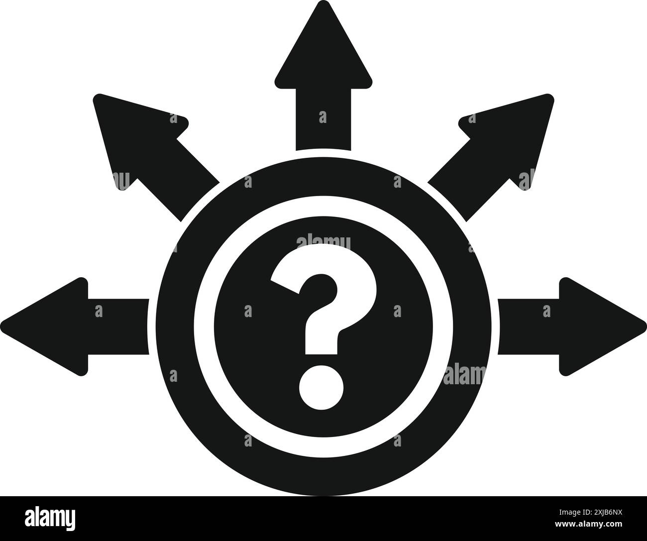 Black and white icon of a question mark at the center of many arrows ...