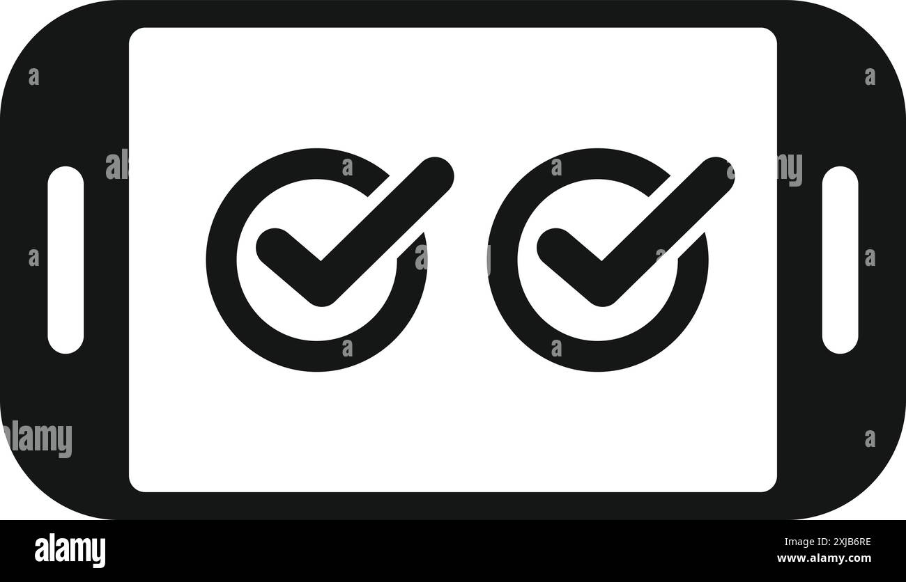 Black and white icon of a mobile phone with two check marks, symbolizing successful verification ...