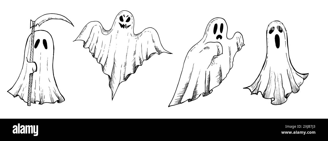 Vector halloween scary ghost. Hand painted linear phantom silhouette ...