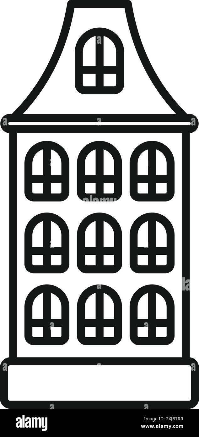 Simple line art illustration of a three story building with arched ...