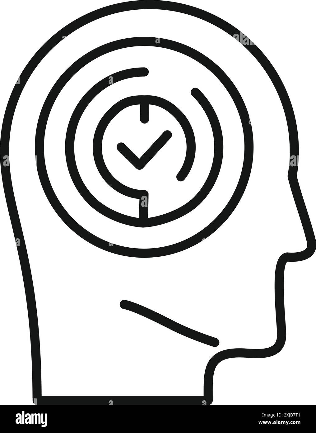 Line art style icon of a human head profile with a clock and check mark ...