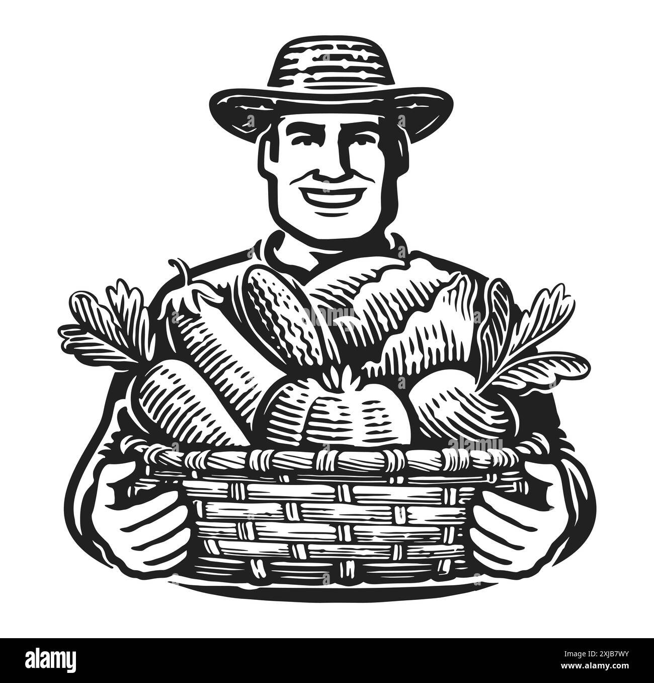 Farmer man holding basket full of fresh raw vegetables. Farm organic ...