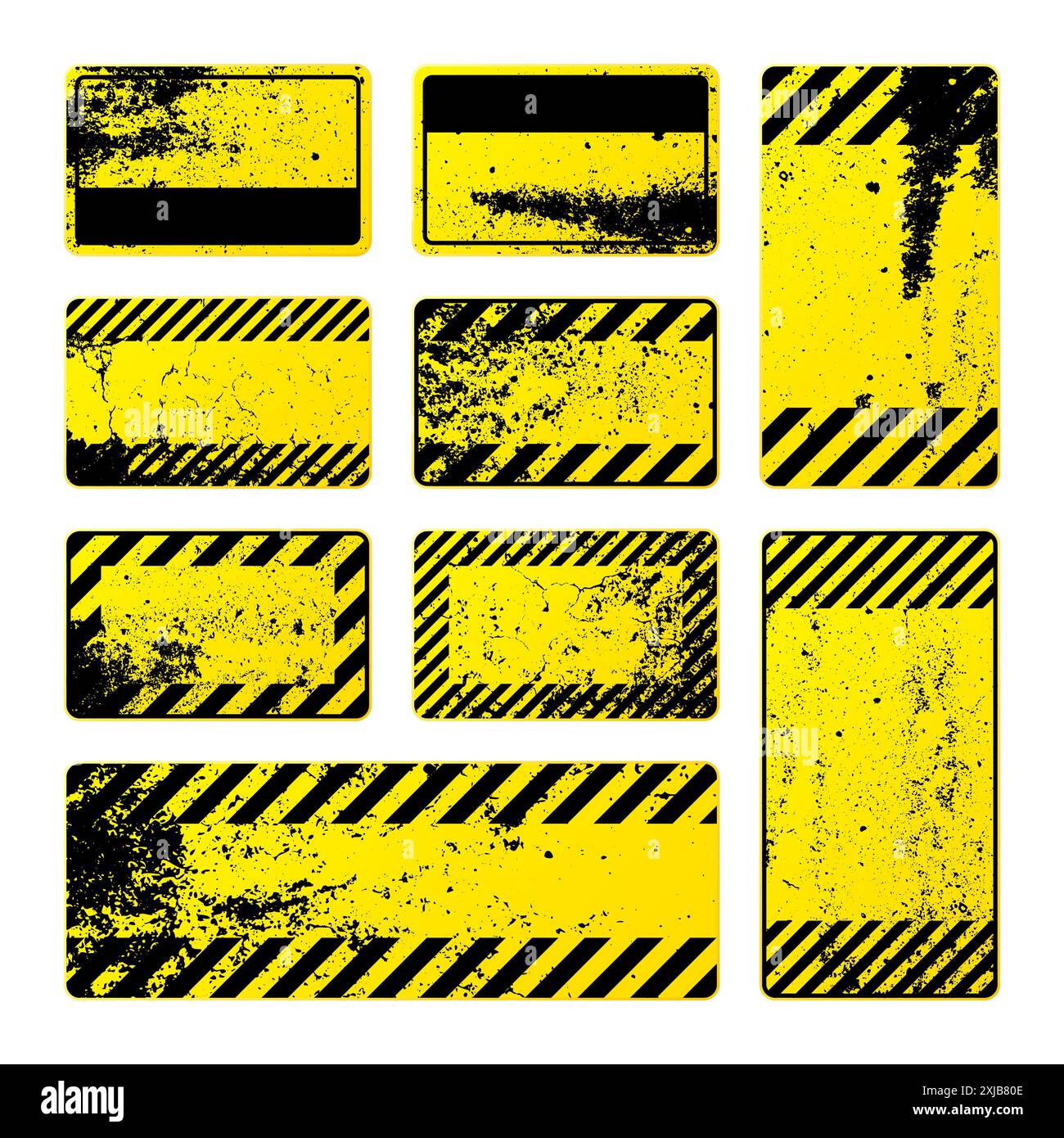 Various yellow grunge warning signs with diagonal lines. Old attention ...
