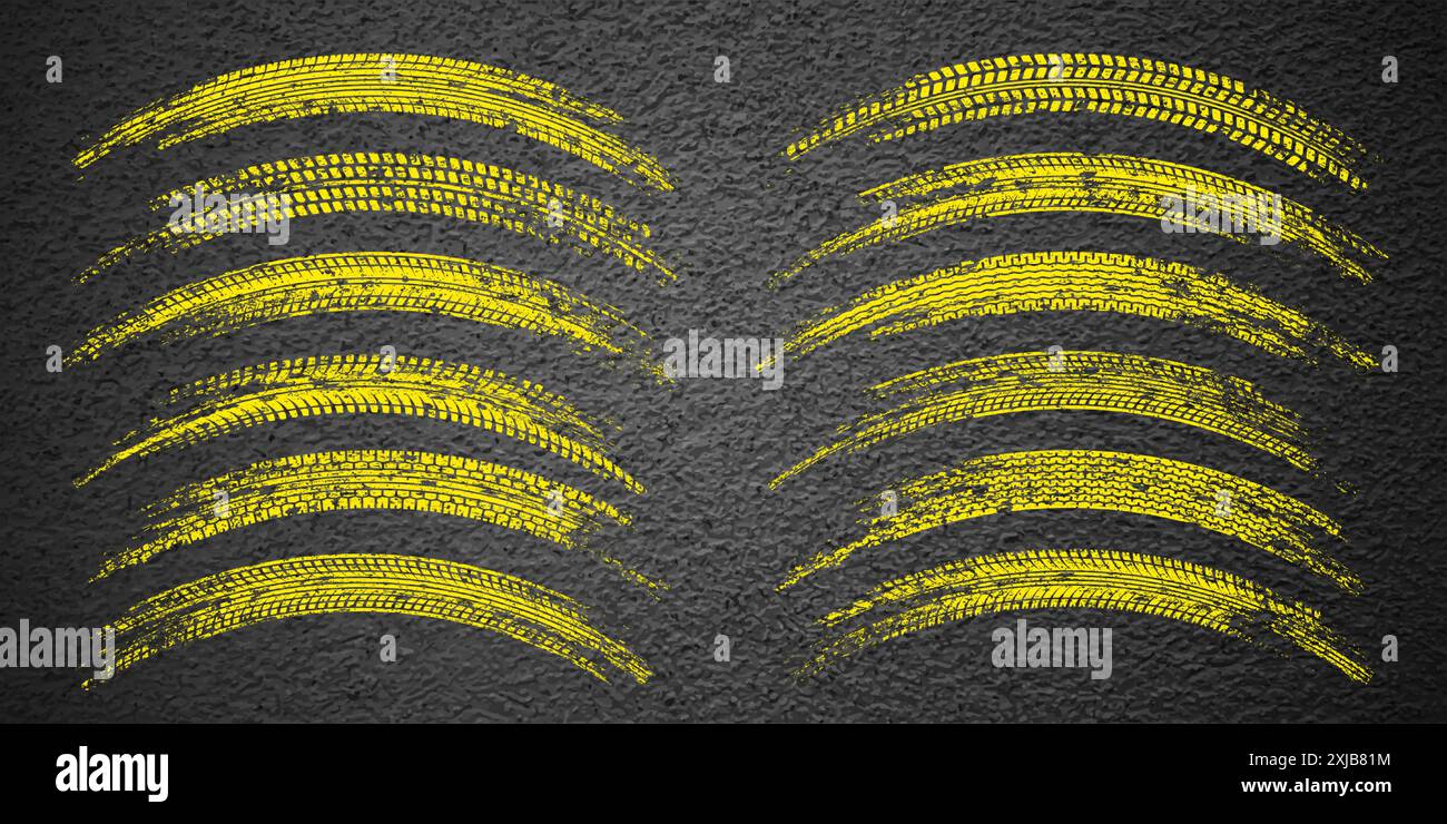 Yellow grunge tire tracks, wheel braking marks. Truck, car or ...