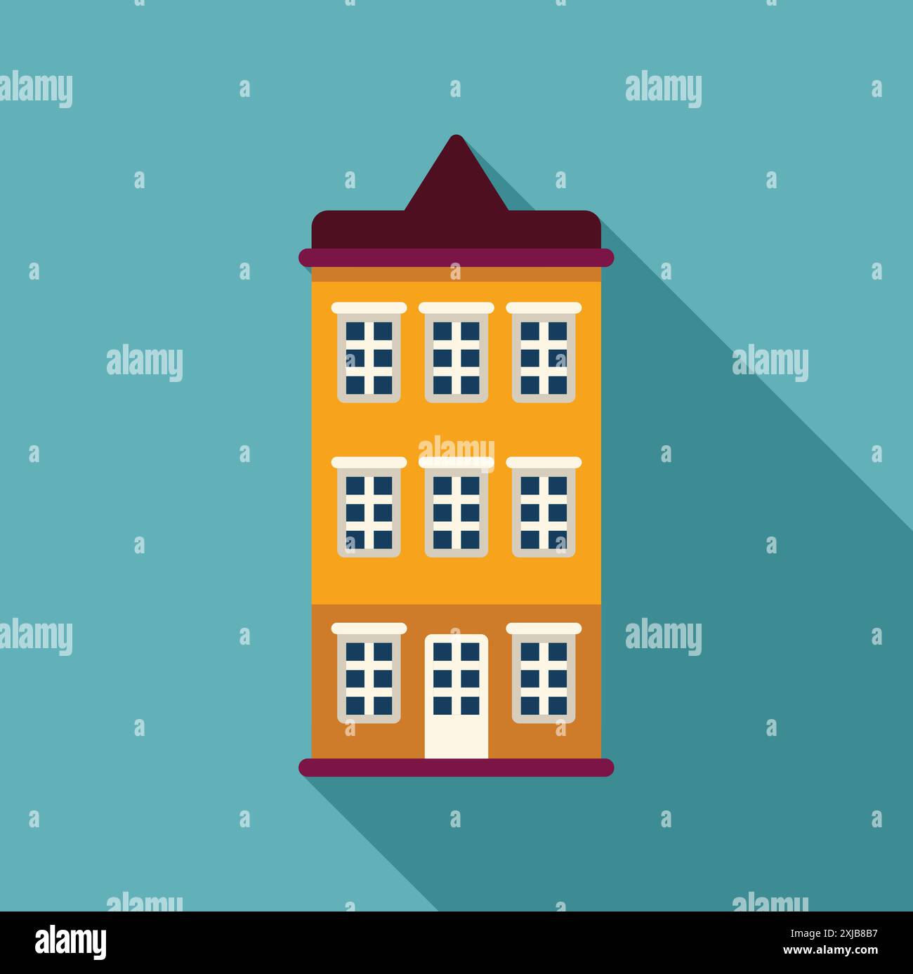 Yellow city building facade with multiple windows is casting a long ...