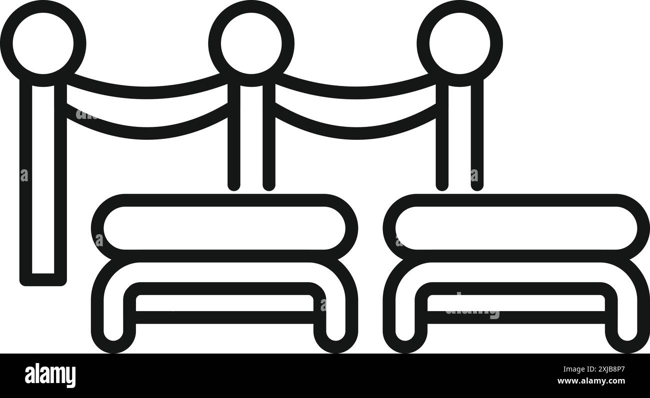 Simple outline icon of two empty benches behind a rope barrier, waiting ...
