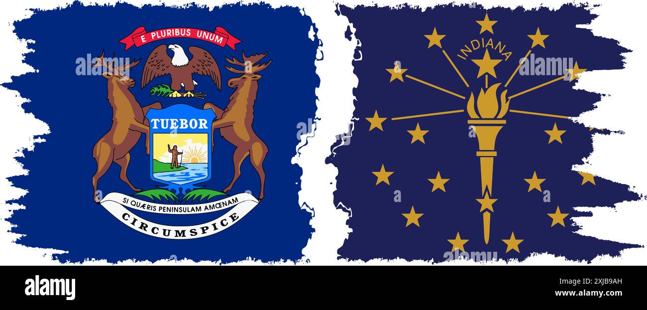 Indiana and Michigan states grunge brush flags connection, vector Stock ...