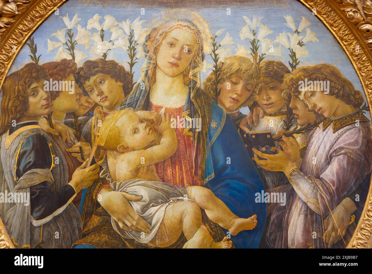 Fragment close-up of Madonna with Child, painting by Sandro Botticelli. Gemäldegalerie Painting ...