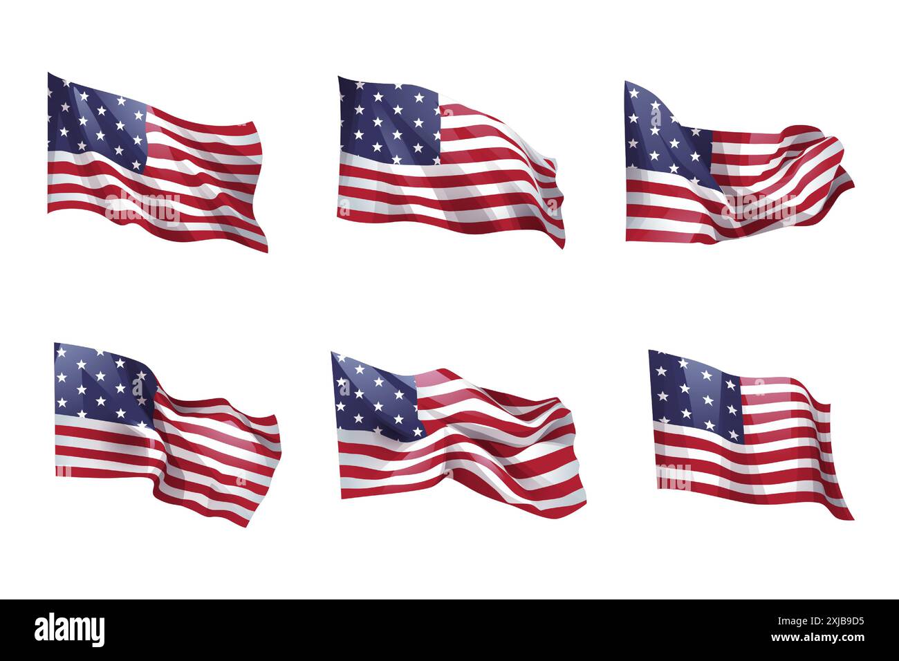 United states of america flag . Set of wavy US flag on isolated white ...