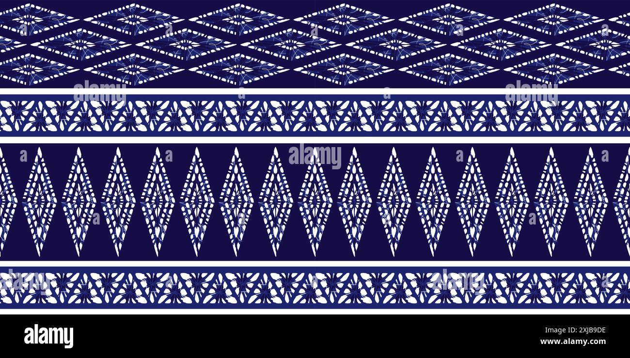 Vector blue shibori diamond and triangle stripes abstract horizontal ...