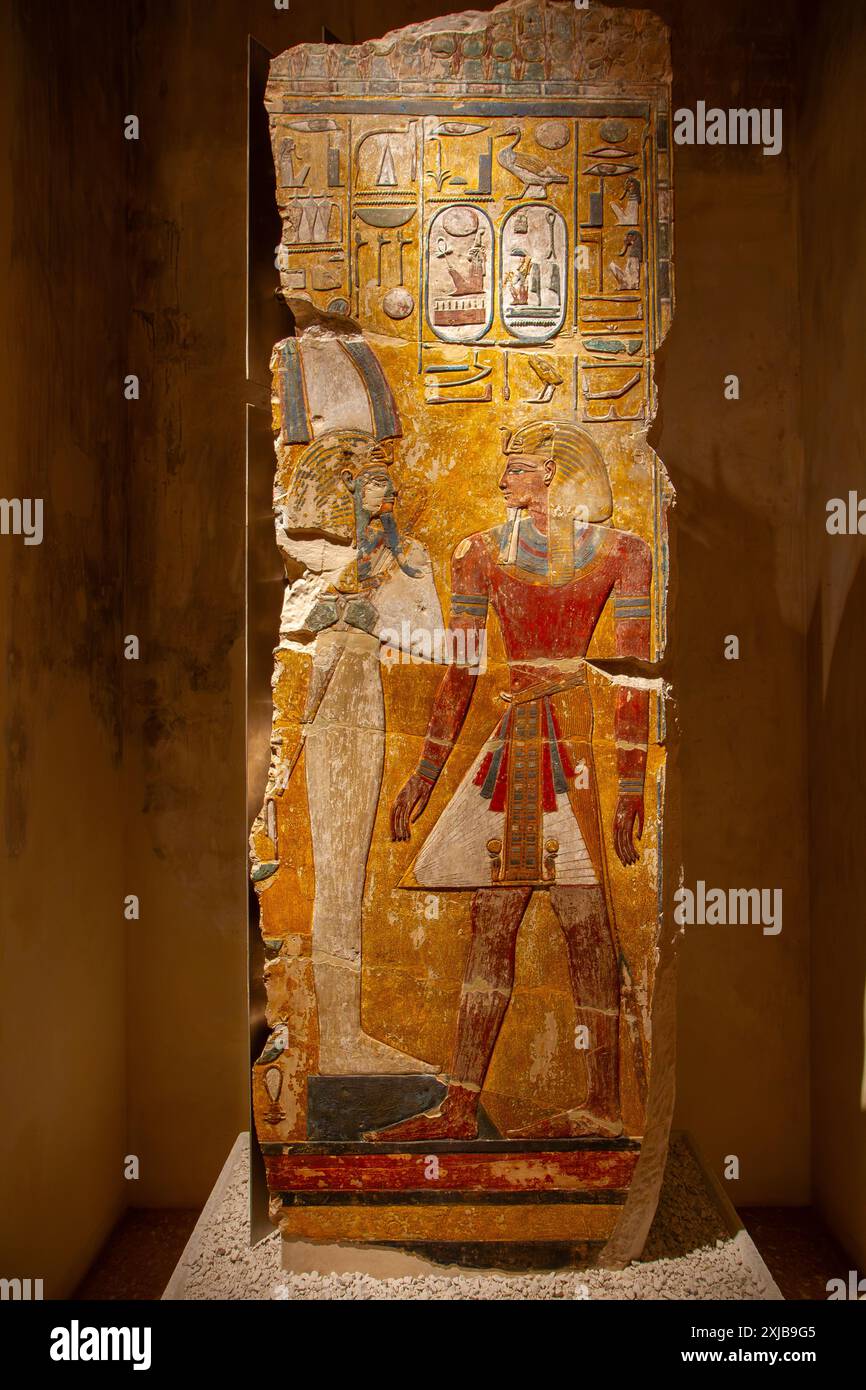 Fragment of a pillar showing pharaoh Seti I in front of the God Osiris ...
