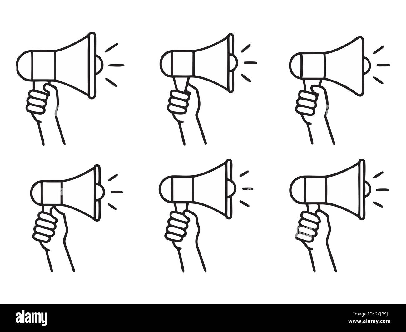 Hand Holding Megaphone Set Different Types On White Background Stock