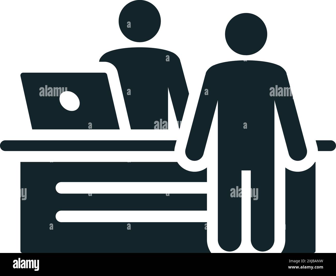 Businessman standing at reception desk talking to receptionist icon ...