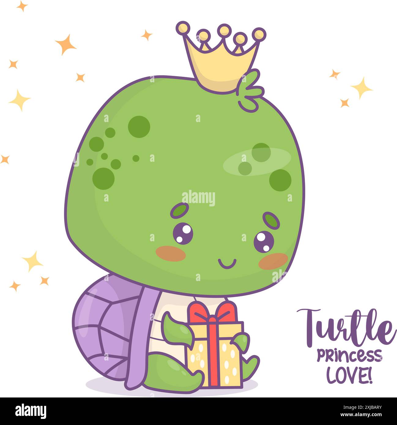 Cute princess turtle with gift. Funny little cartoon kawaii character ...