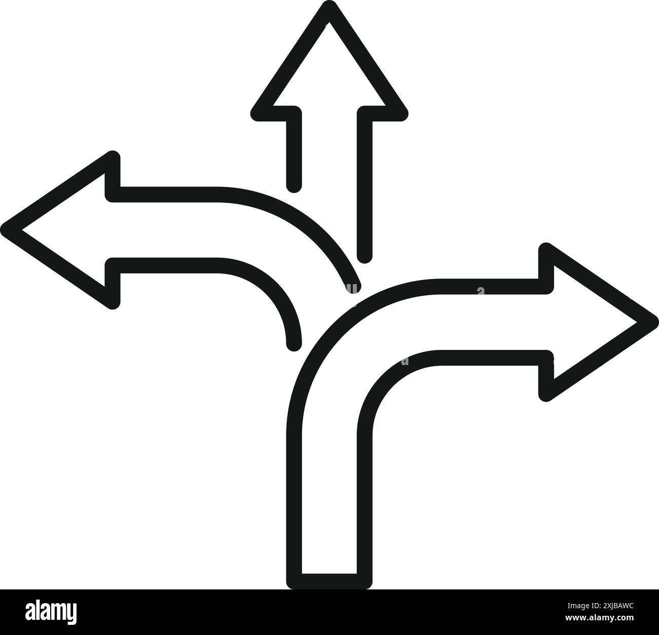 Line drawing of three arrows with two curving away from a single arrow ...