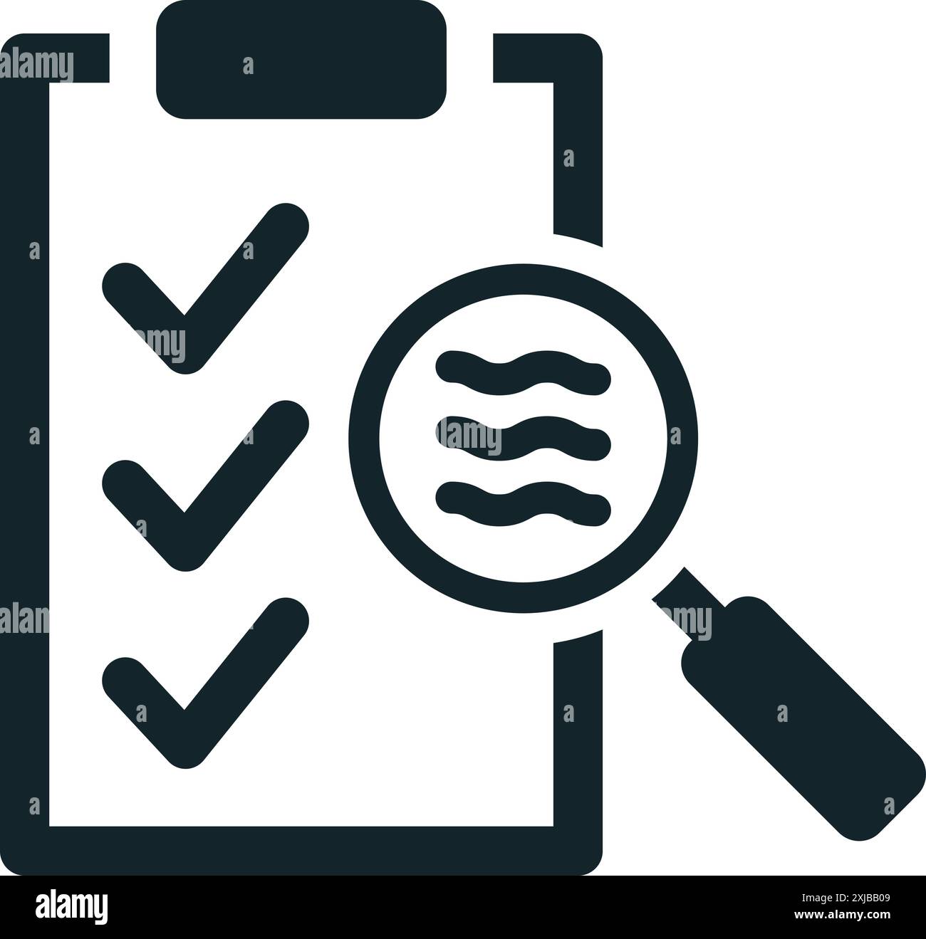 Magnifying glass analyzing completed checklist icon representing ...