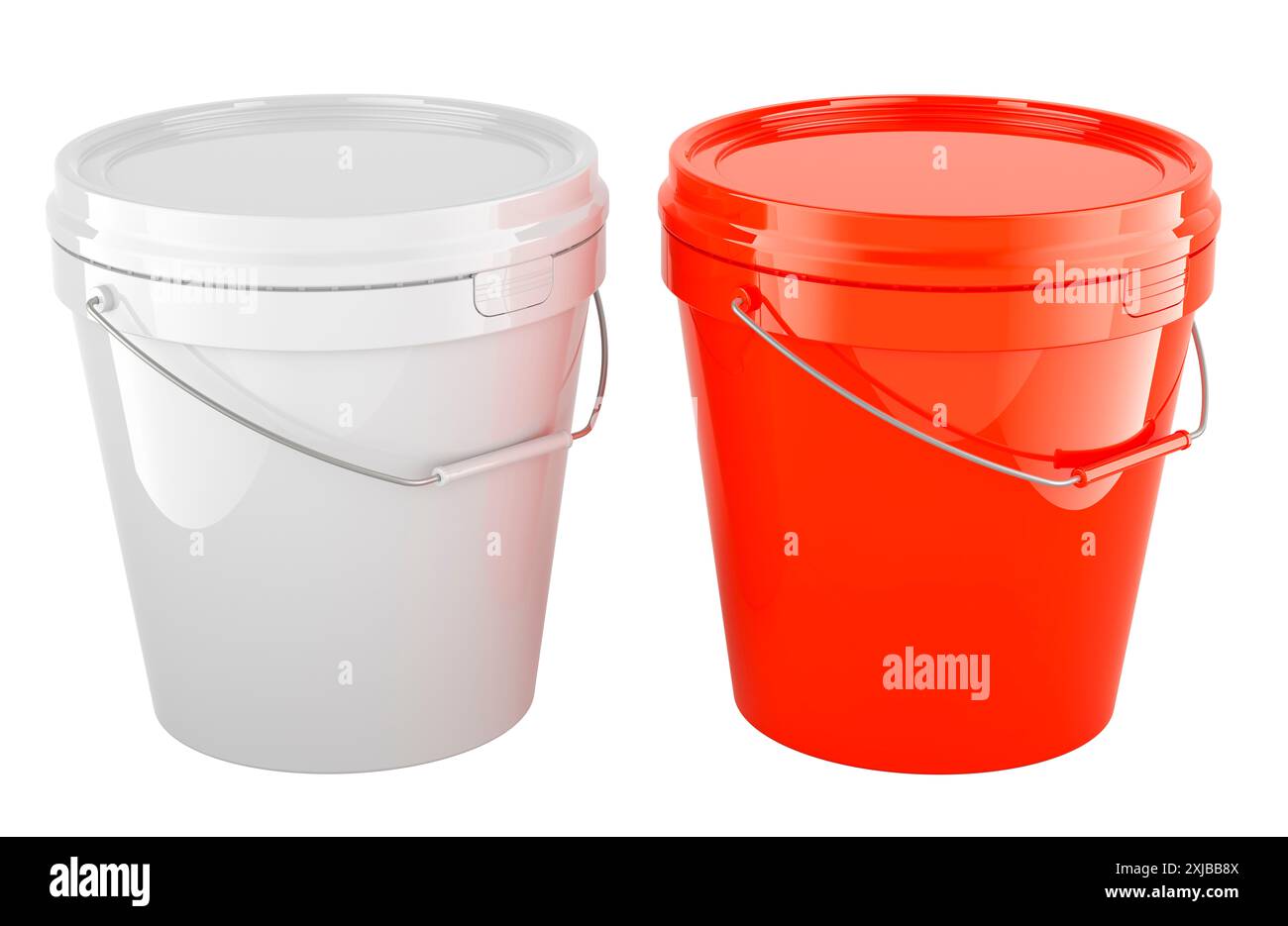 Red and White Paint Buckets. 3D rendering isolated on white background ...