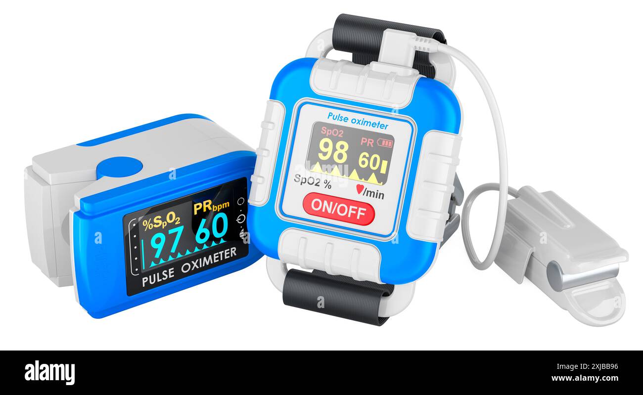 Wristband pulse oximeter and fingertip pulse oximeter. 3D rendering ...